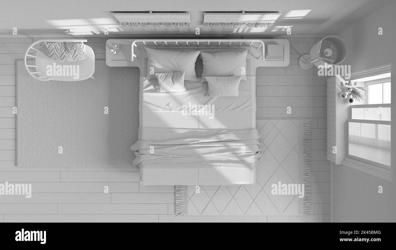 Progetto totale bianco, camera da letto wabi sabi con pareti in macrame ...