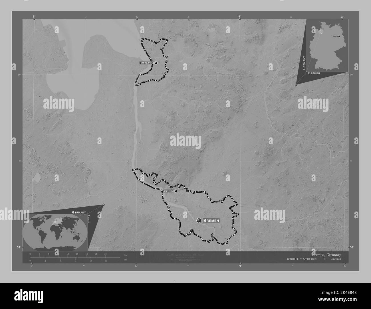 Brema, stato della Germania. Mappa in scala di grigi con laghi e fiumi ...