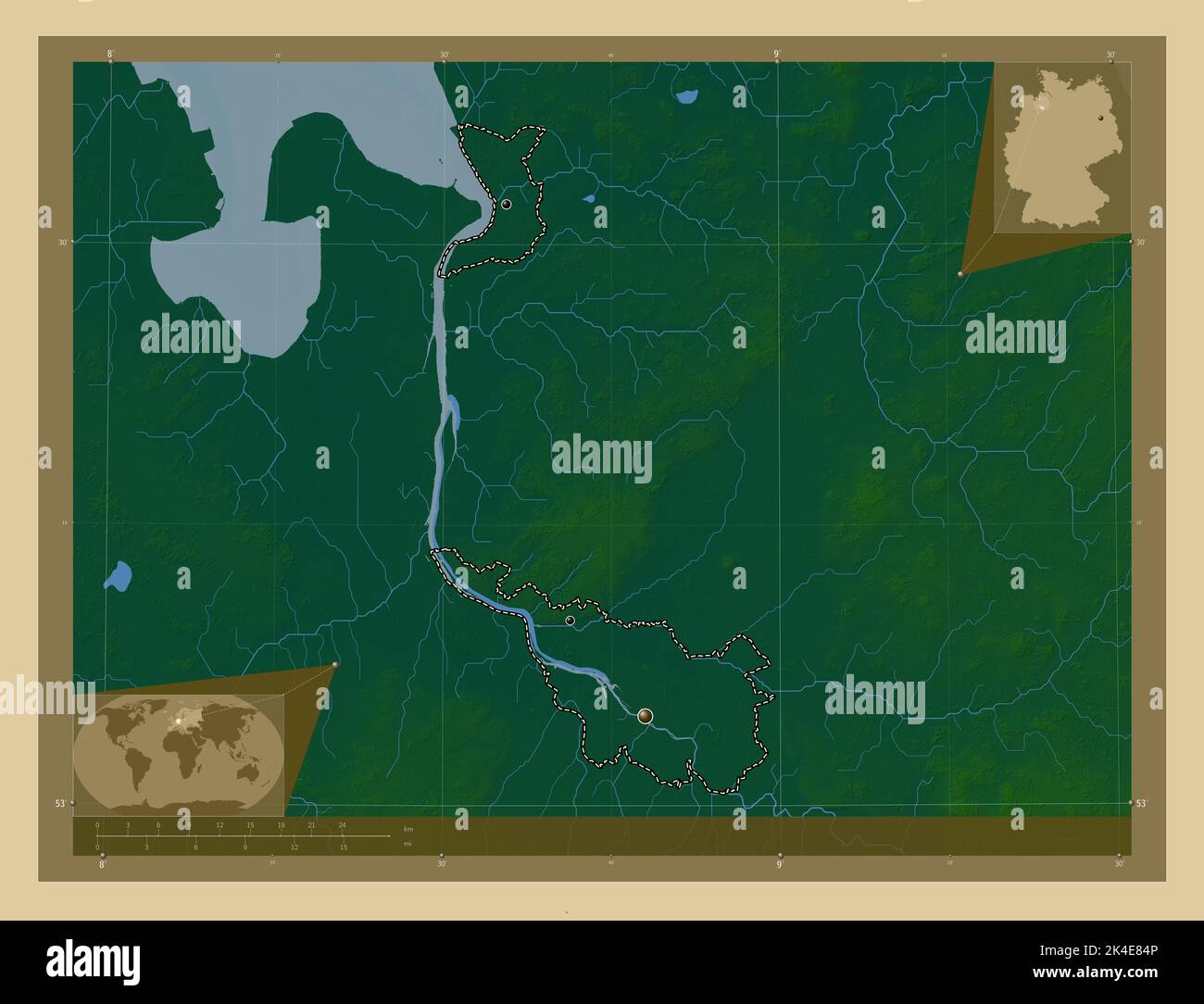 Brema, stato della Germania. Mappa di altitudine colorata con laghi e ...