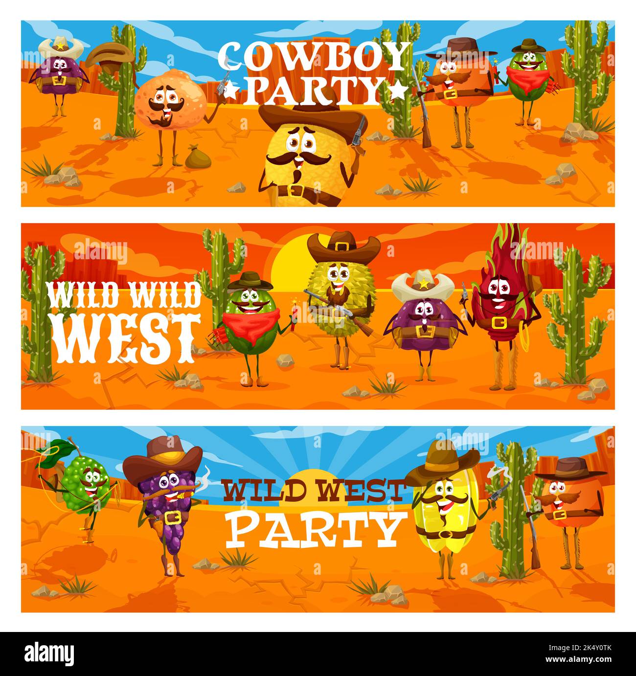 Wild West Western cowboy party, cartoon ranger, bandito e cowboy frutta ...