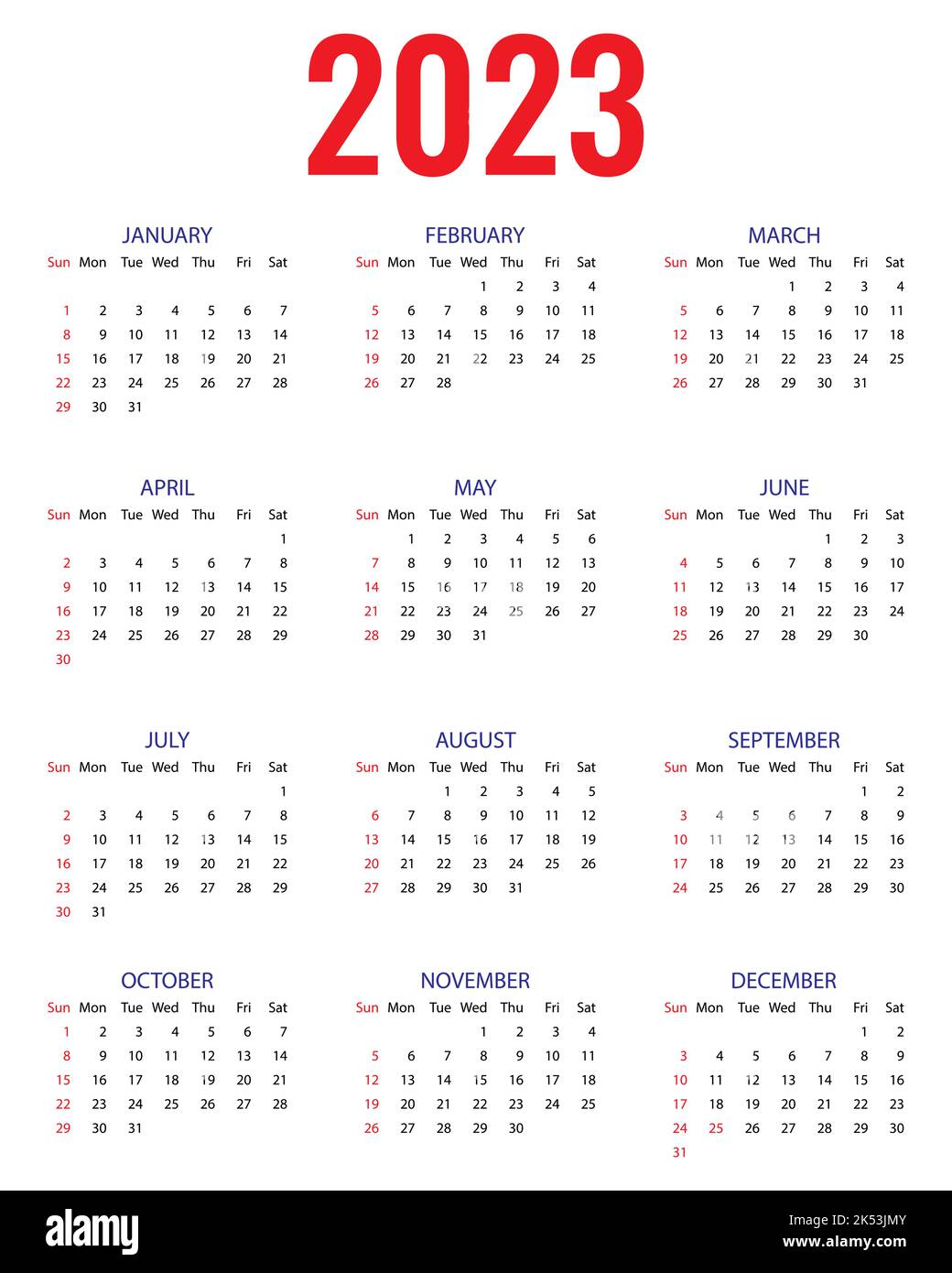 Anno di calendario 2023. La settimana inizia la domenica. Calendario ...