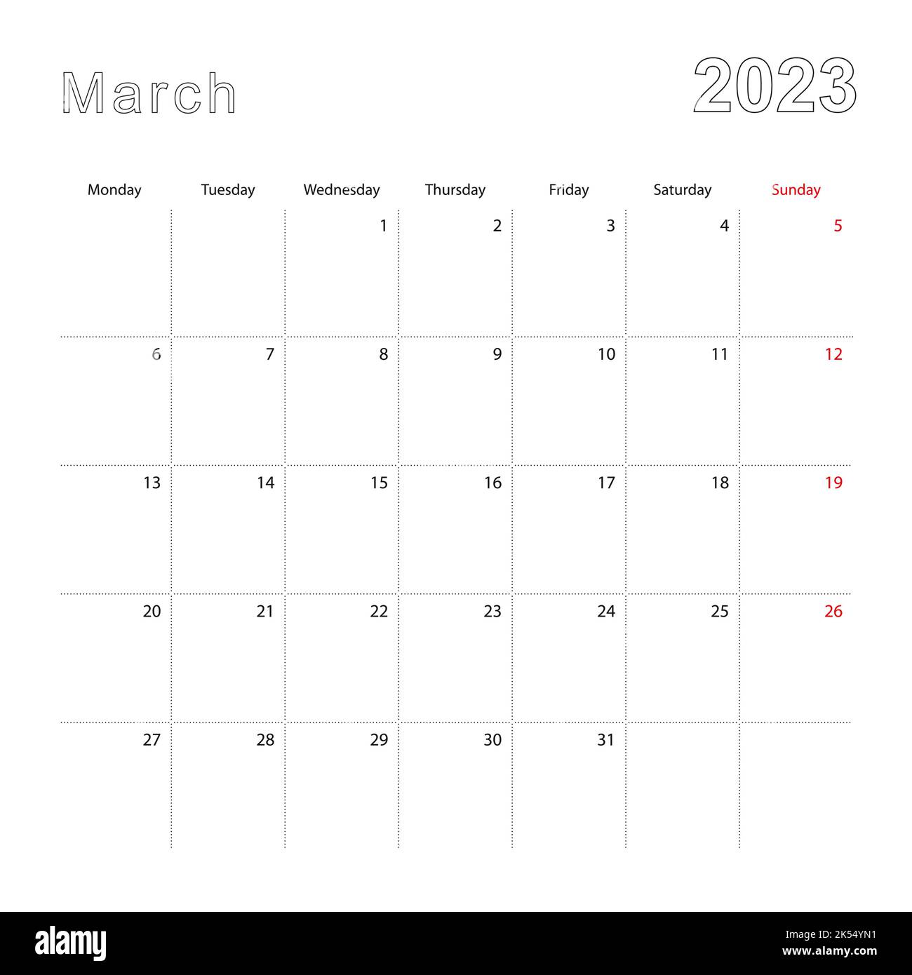 Semplice calendario da parete per marzo 2023 con linee tratteggiate. Il ...