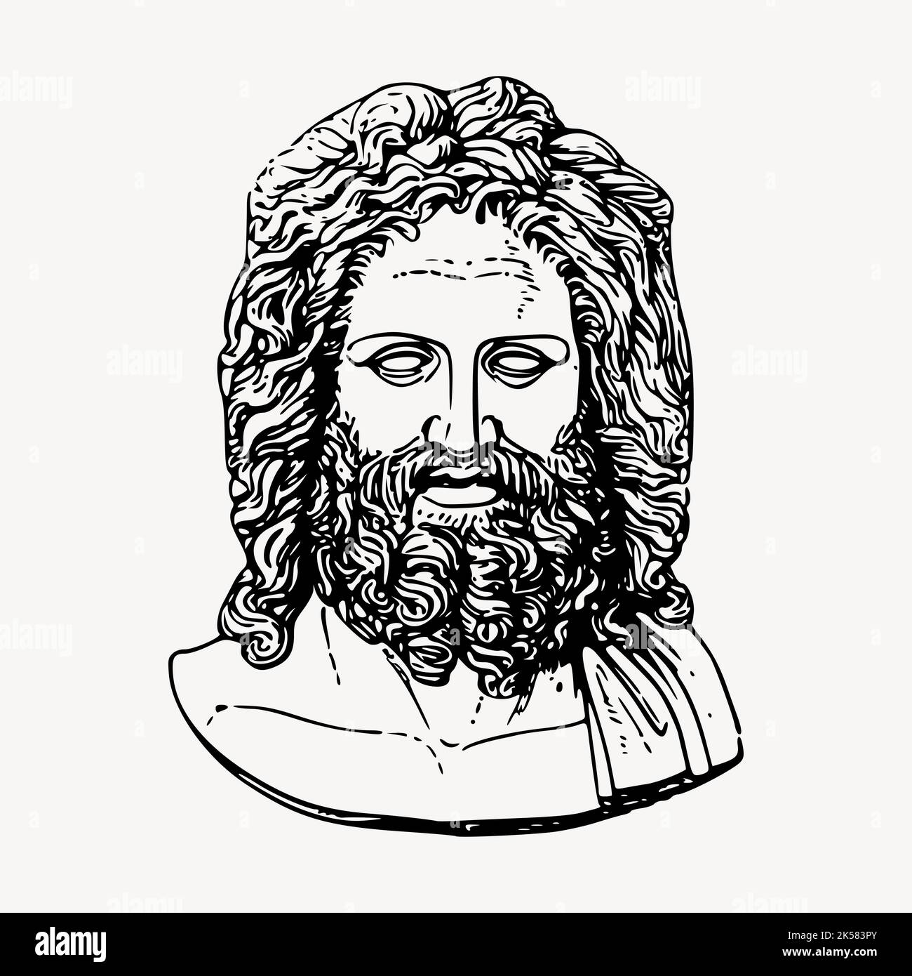 zeus, greco, illustrazione in bianco e nero, disegno di capelli, statua ...