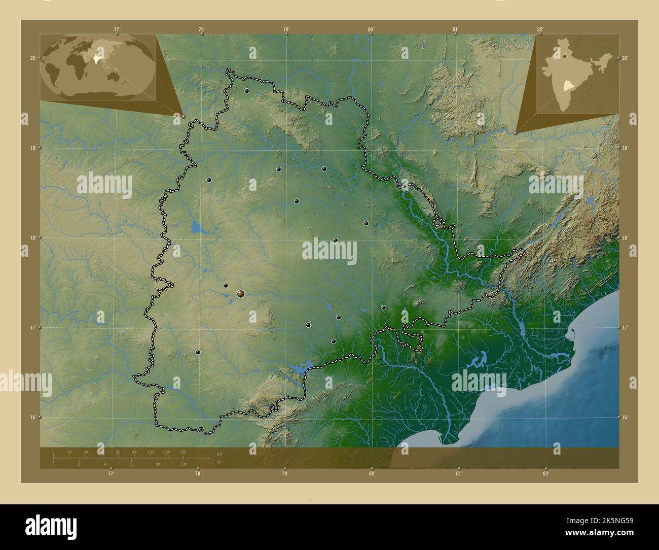 Telangana, stato dell'India. Mappa di altitudine colorata con laghi e ...