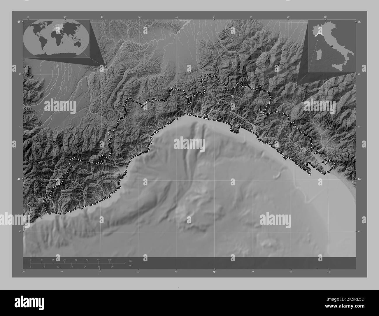 Liguria, regione d'Italia. Mappa in scala di grigi con laghi e fiumi ...