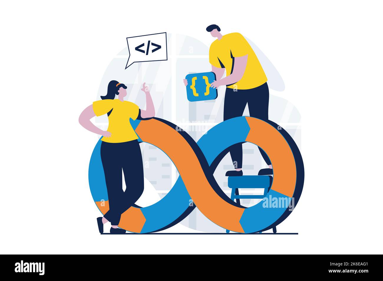 Il concetto DevOps con la scena delle persone in un design a cartoni ...