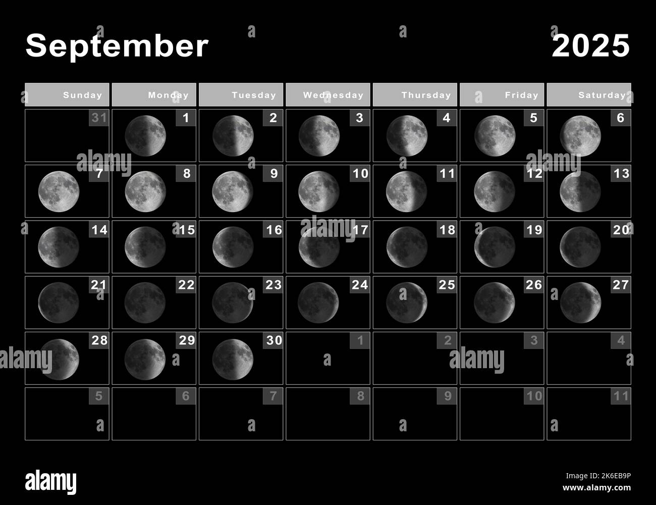 Settembre 2025 Calendario lunare, cicli lunari, fasi lunari Foto stock - Alamy