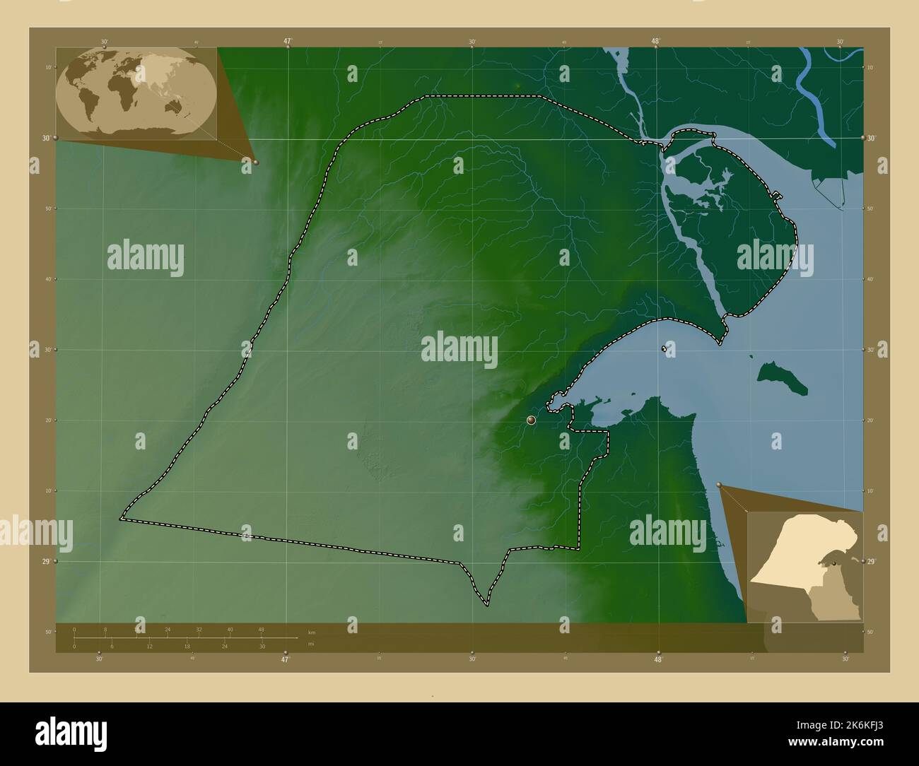 Al Jahrah, provincia del Kuwait. Mappa di altitudine colorata con laghi ...