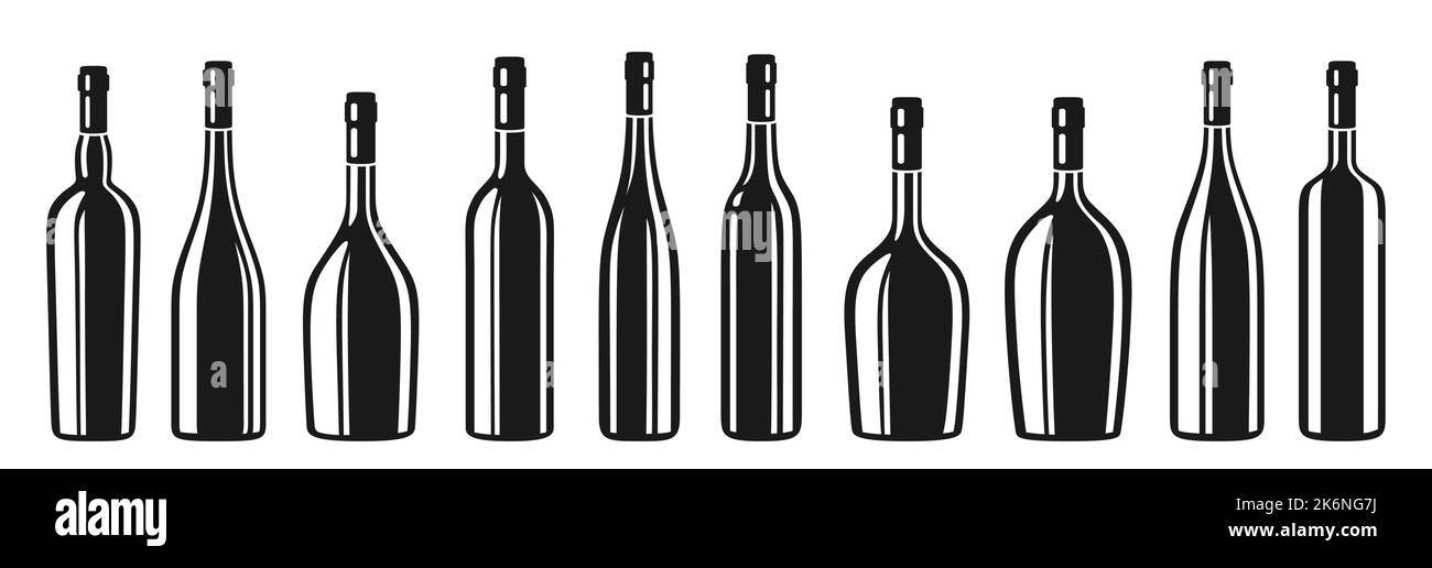 Set di silhouette di diverse forme per bottiglie di vino. Vari tipi di ...