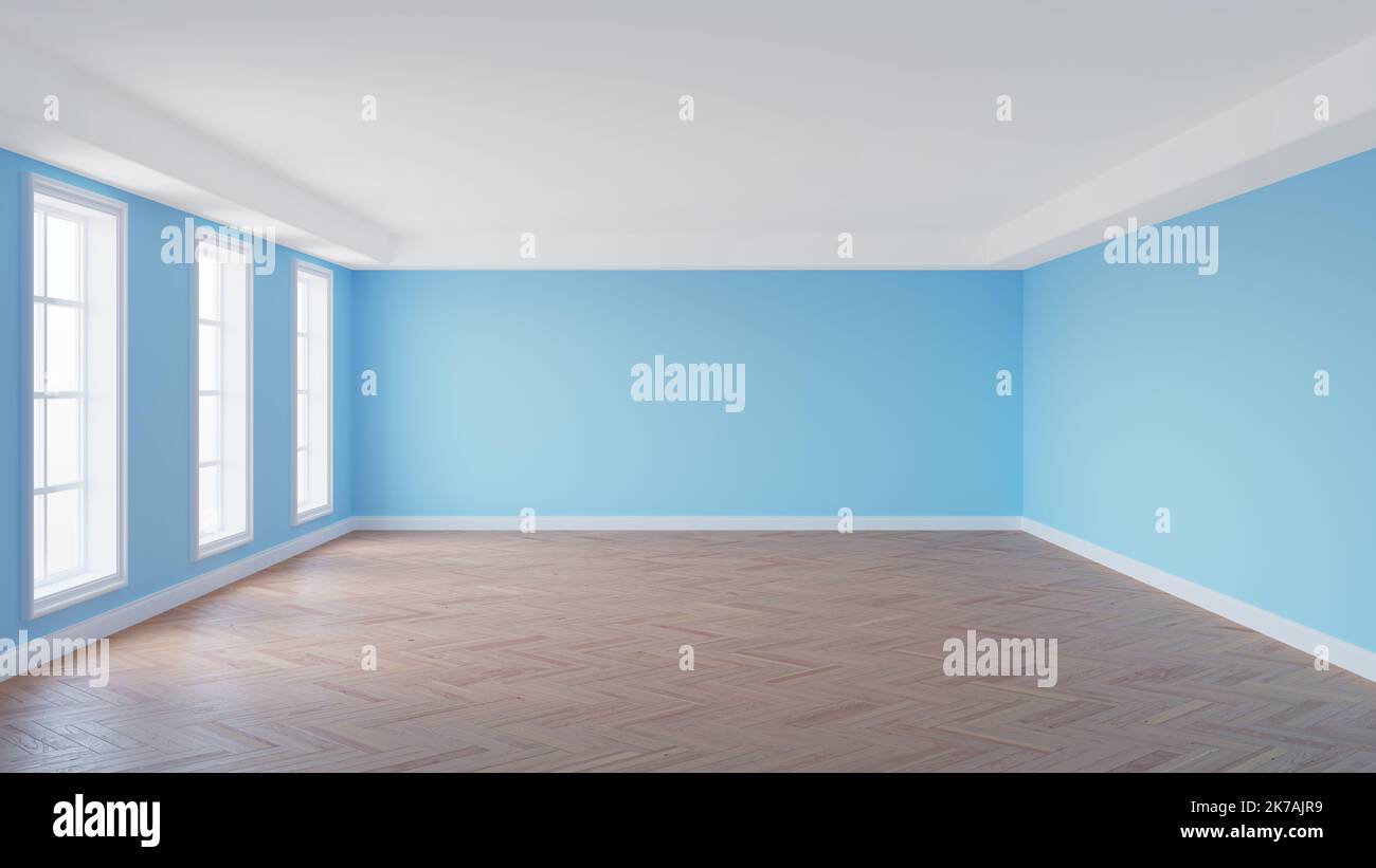 Camera vuota con pareti blu pale, soffitto bianco e cornicione, tre ...