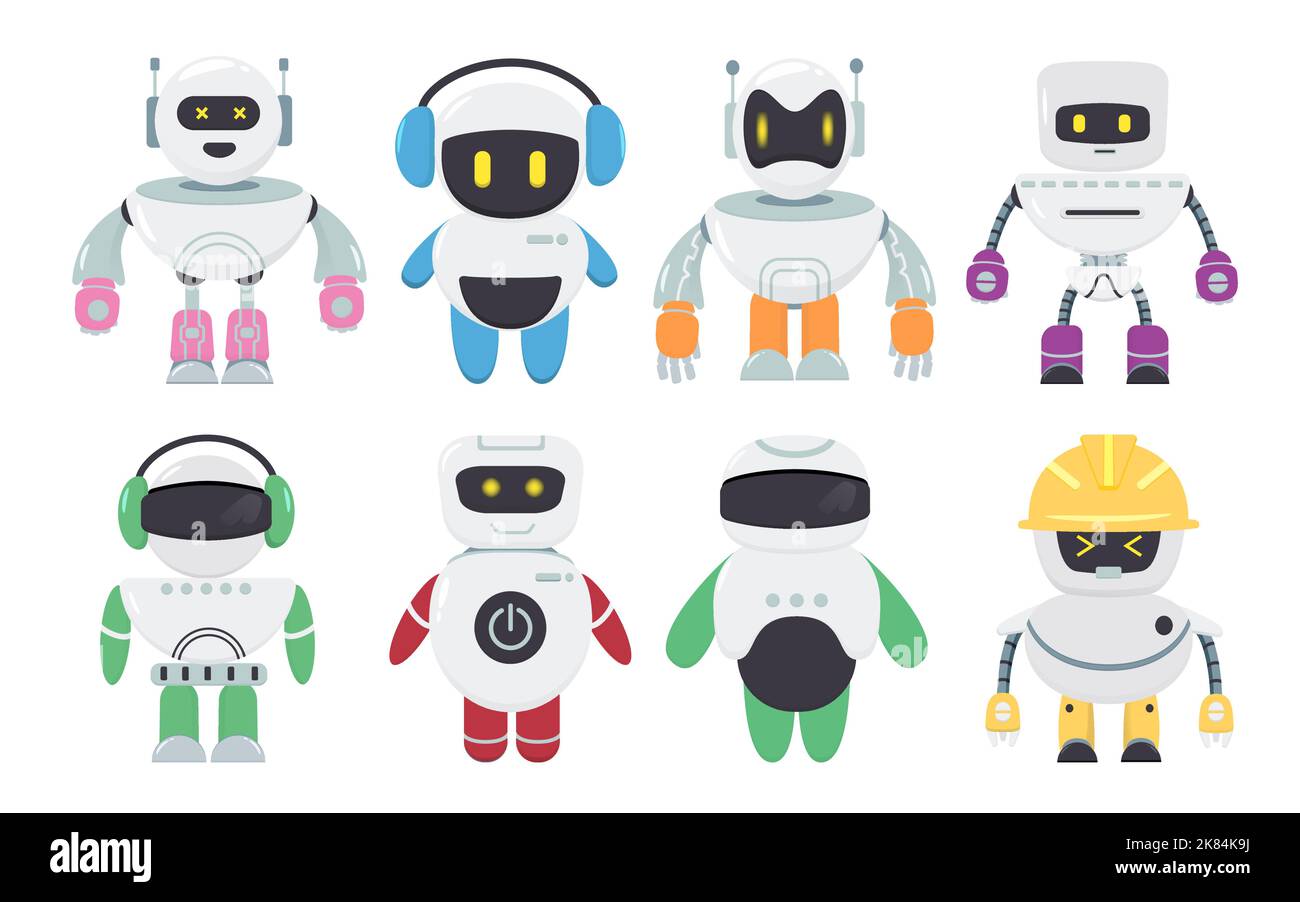 Design del set vettoriale dei caratteri robotici. Personaggio robot ai ...