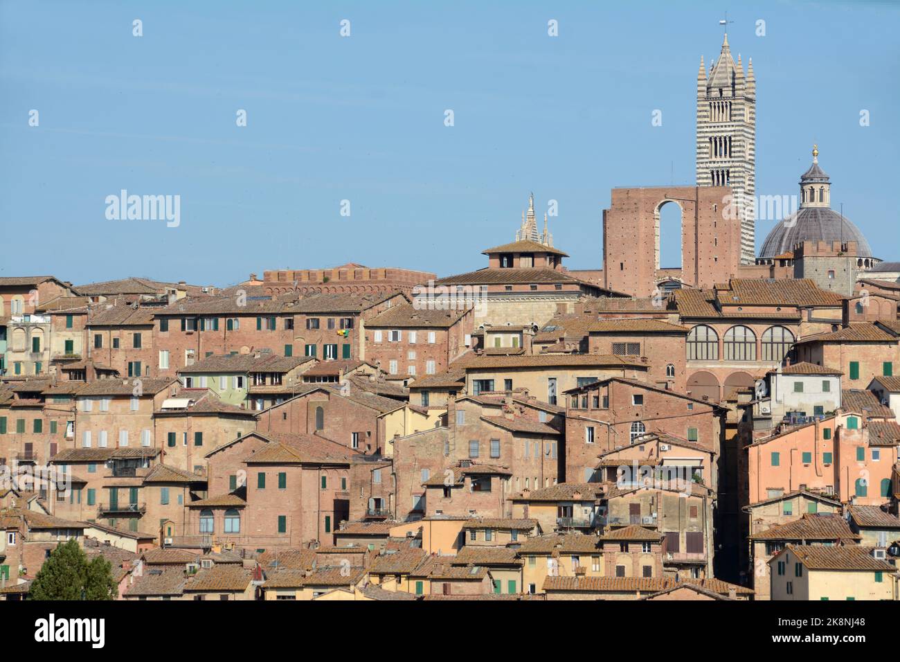 Panorama di Siena con le case rosse, la cattedrale in stile romanico ...