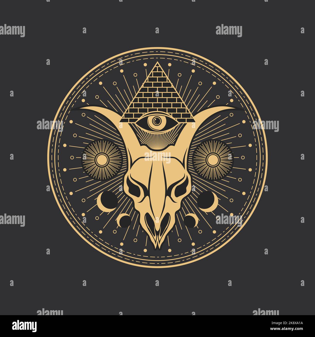 Pentagram, cerchio magico occulto con cranio di capra, piramide e ...
