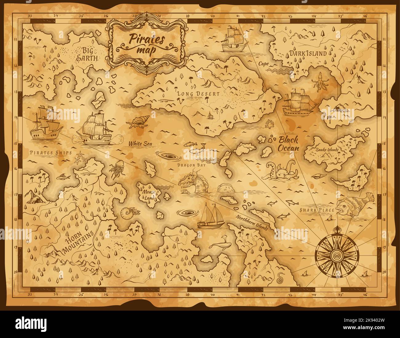 Mappa del tesoro dei vecchi pirati. Carta pergamena vintage con isola ...