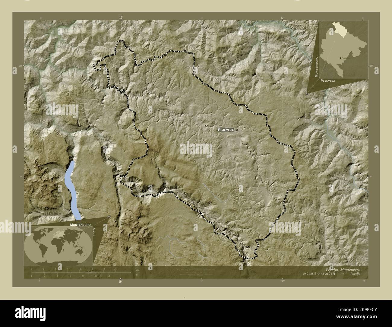 Pljevlja, comune del Montenegro. Mappa dell'altitudine colorata in ...