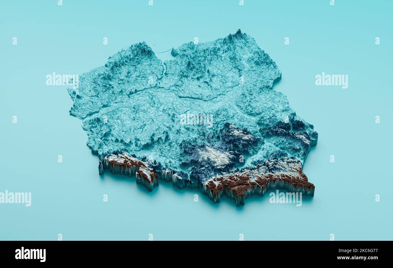 Un rendering 3D della mappa topografica della Polonia Mappa Hypsometric ...