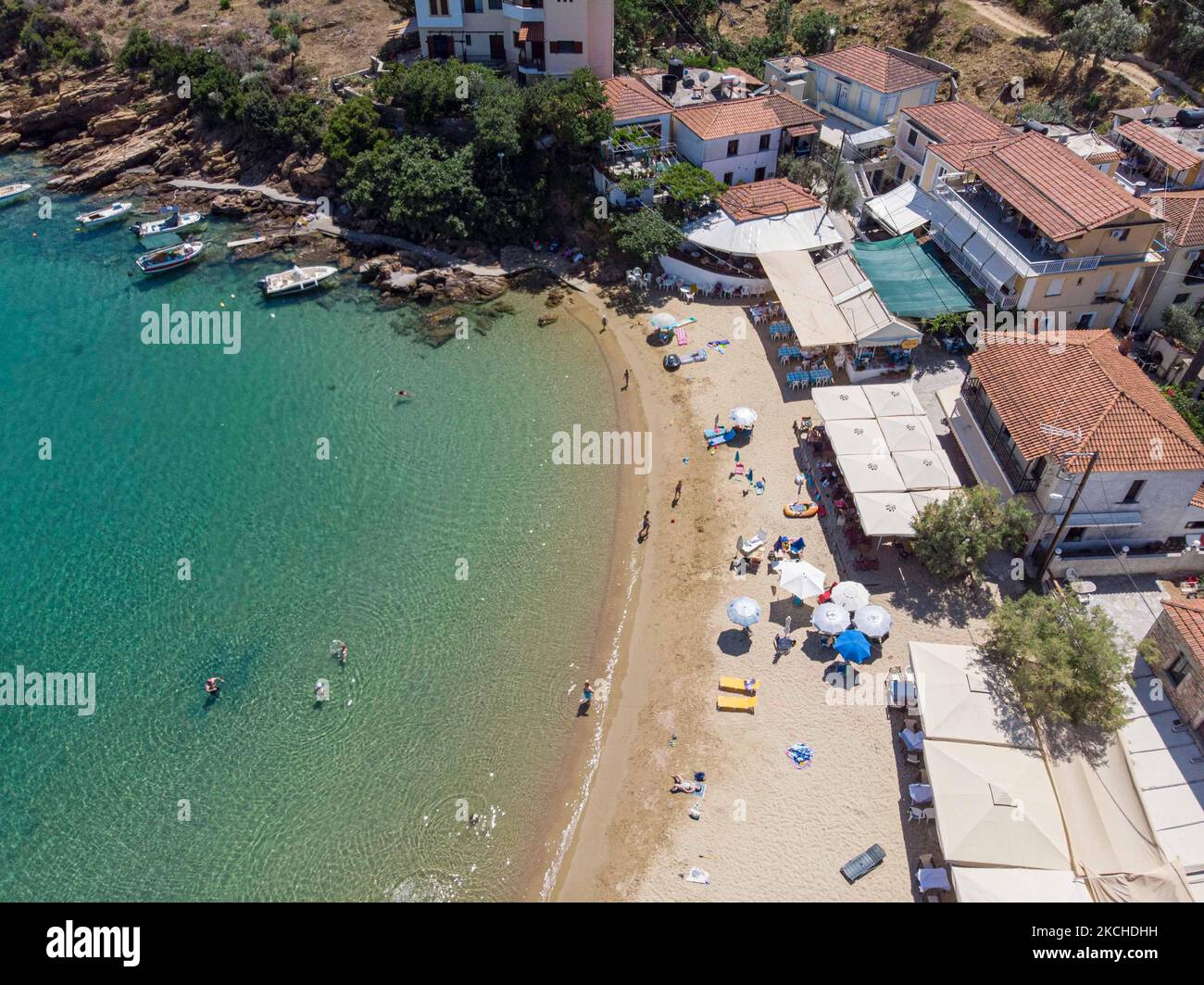 Vista Aerea Panoramica Da Un Drone Di Agios Giorgios O Katigiorgis Village Spiaggia E Porto