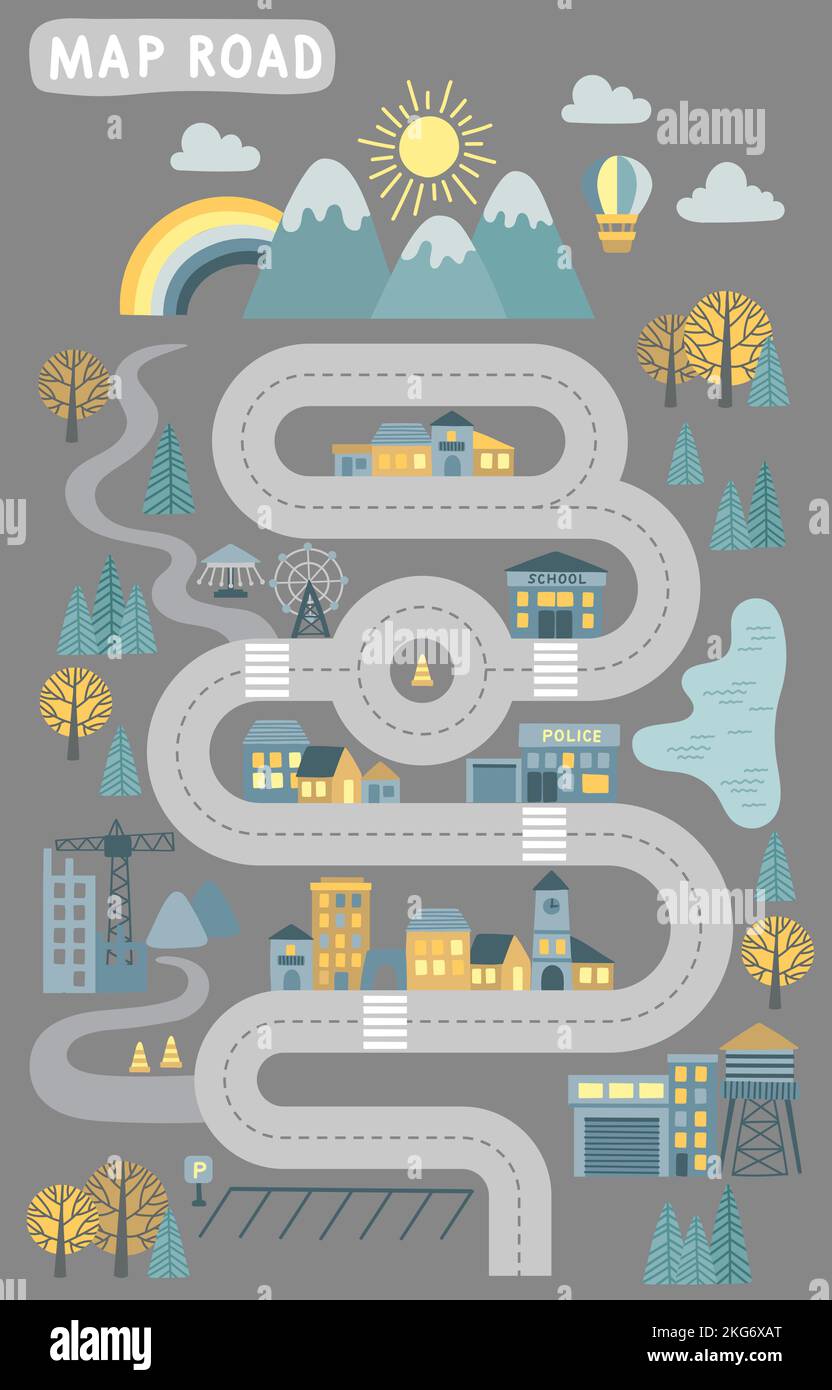 Costruzione di strade con mappa per bambini. Cartoni animati vettoriali ...