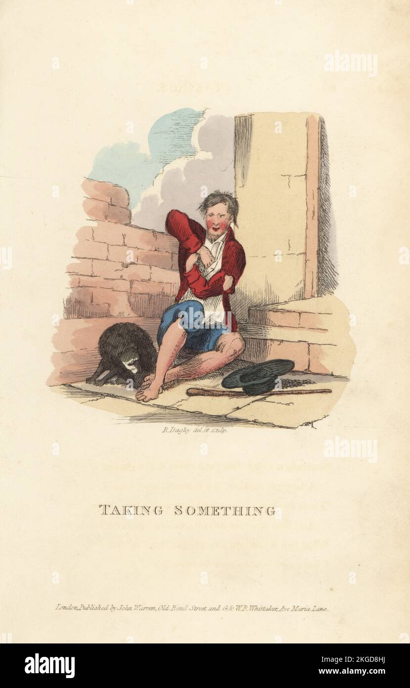 Beggar con il cane seduto su alcune scale, Londra, Regency era. Uomo in ...