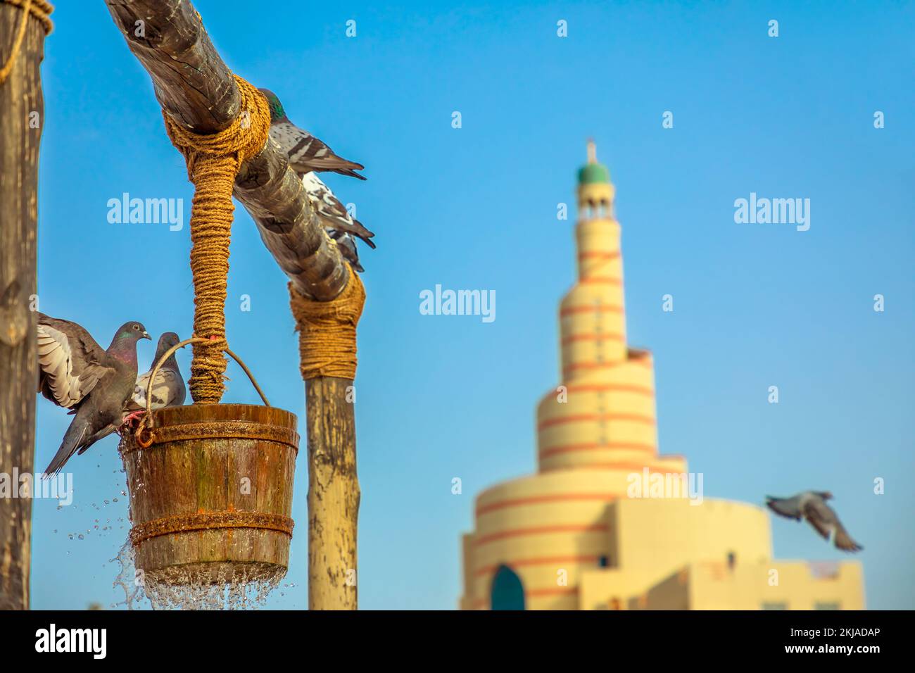 Primo piano di piccioni presso la vecchia fontana del pozzo, simbolo ...