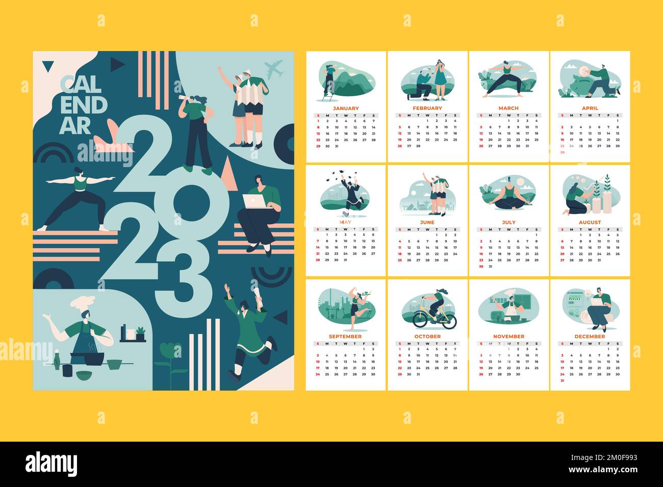 Calendario mensile 2023 moderno e stilizzato con obiettivi e ...