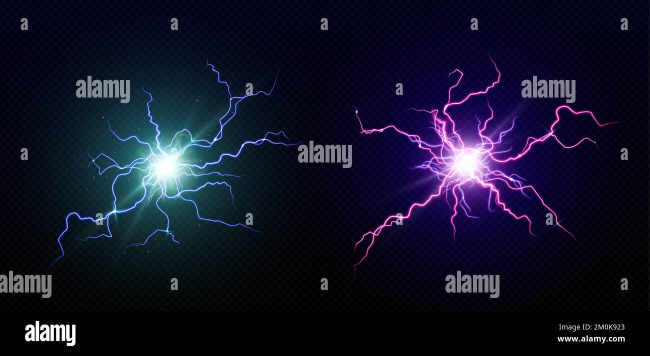 Sfere elettriche, luci rotonde, cerchi thunderbolt blu e viola. Colpi ...