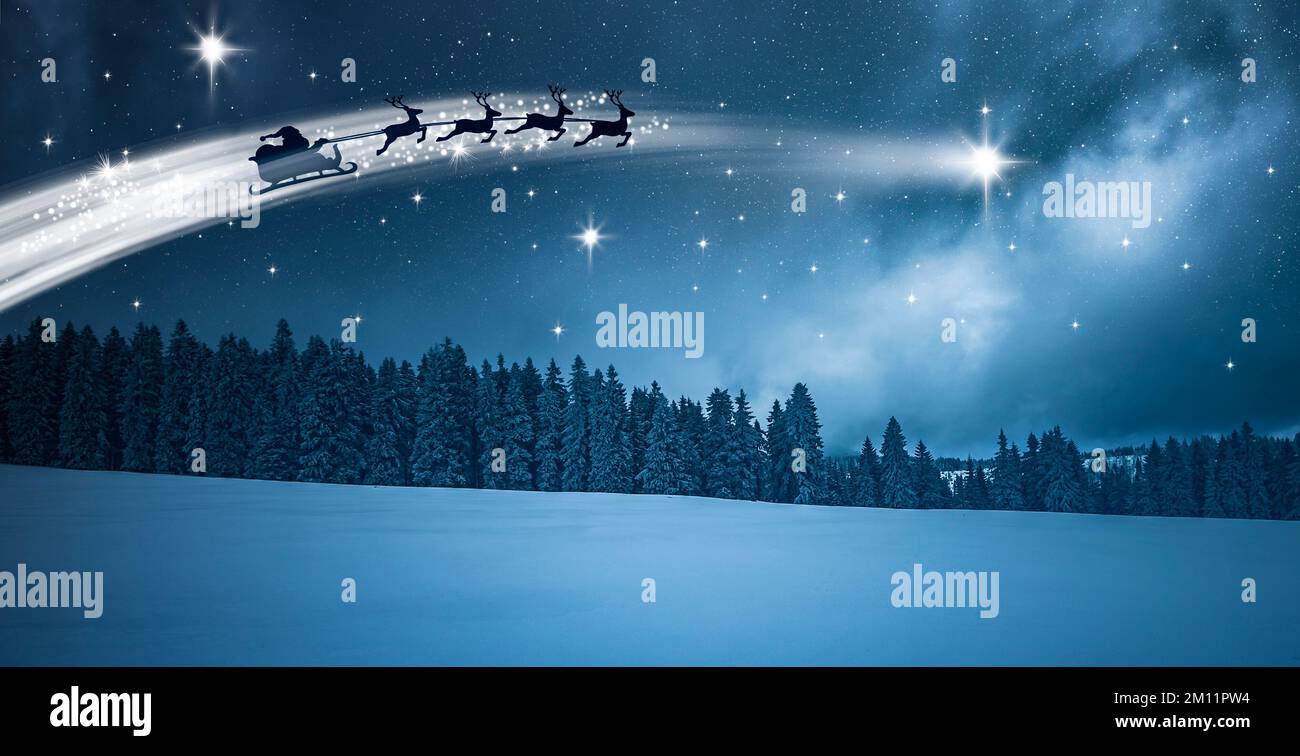 Babbo natale in slitta trainata da renne di notte immagini e fotografie ...