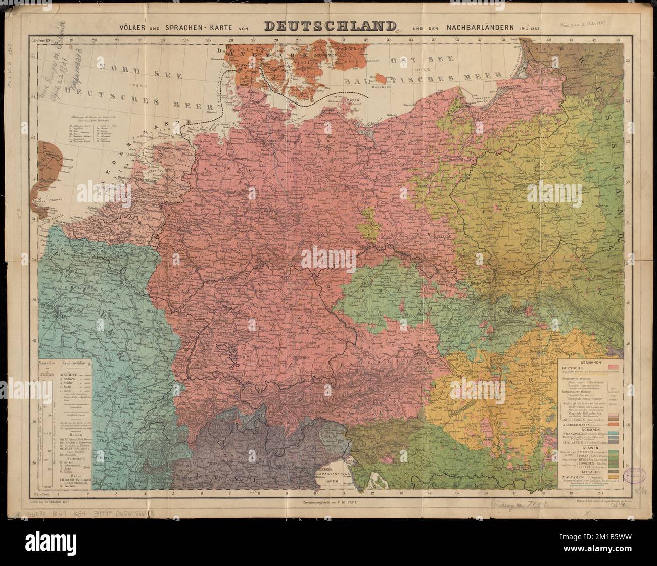 Völker und sprachen-karte von Deutschland und den nachbarländern im j ...