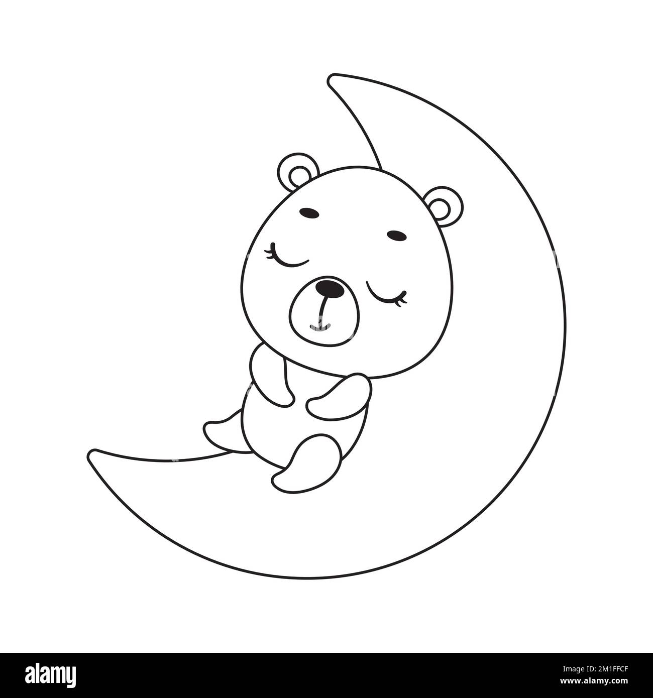 Pagina da colorare grazioso orso piccolo che dorme sulla luna. Libro da ...