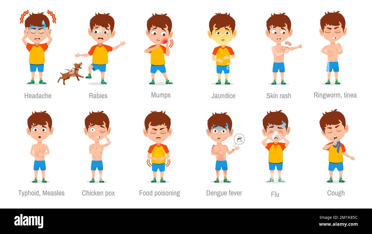 Malattie dei bambini, sintomi dei bambini malati. Capretto vettore con ...