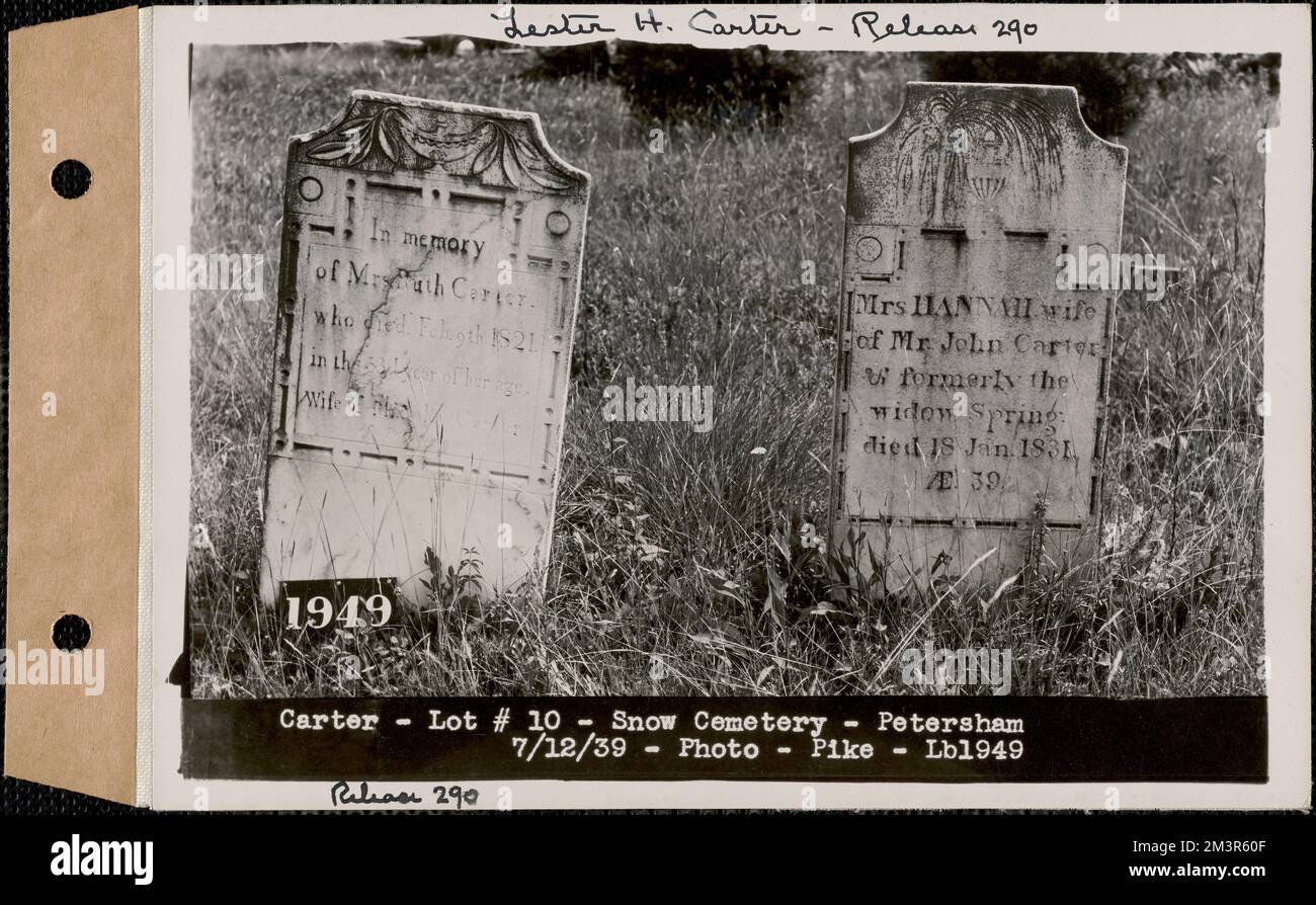 Ruth carter, Hannah (Spring) carter, Snow Cemetery, lotto 10, Petersham ...