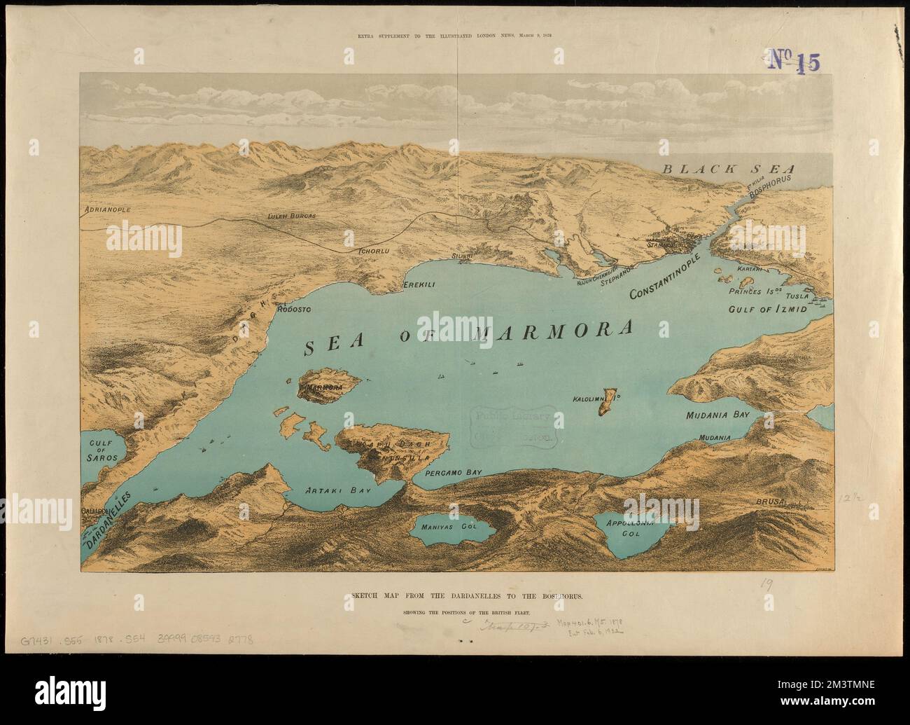 Mappa di schizzo dai Dardanelli al Bosforo che mostra le posizioni ...