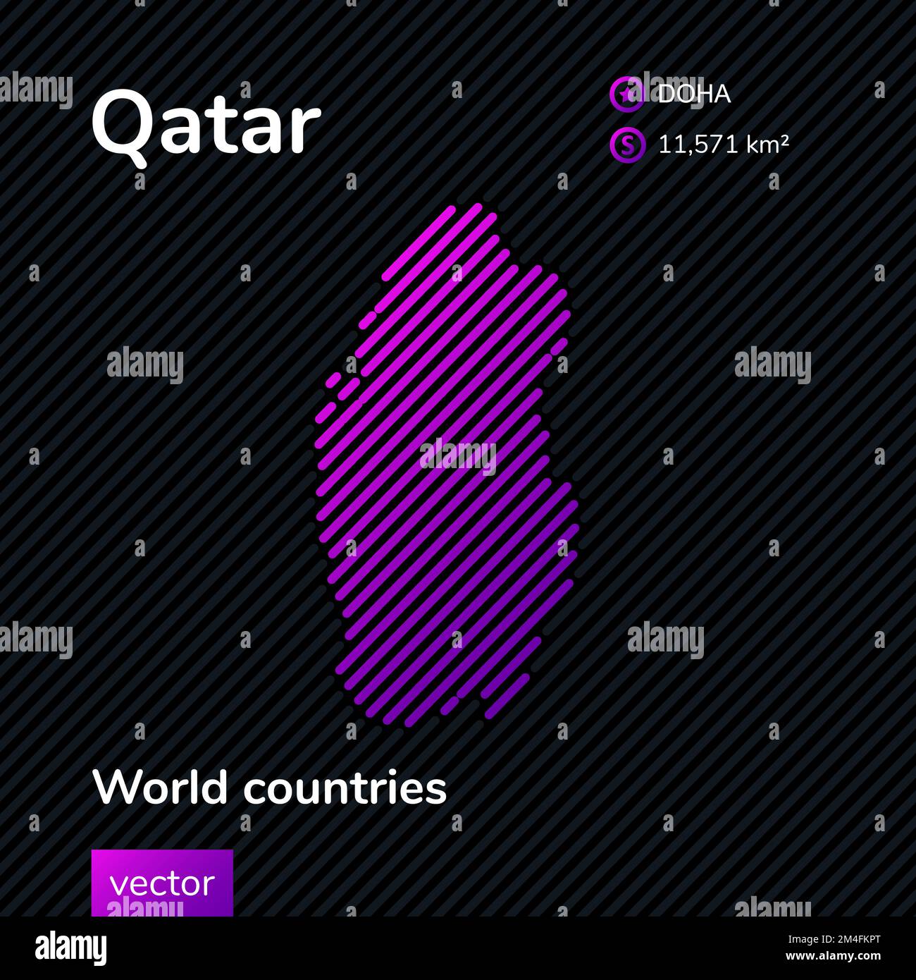 Mappa del Qatar. Mappa digitale vettoriale al neon con righe viola ...