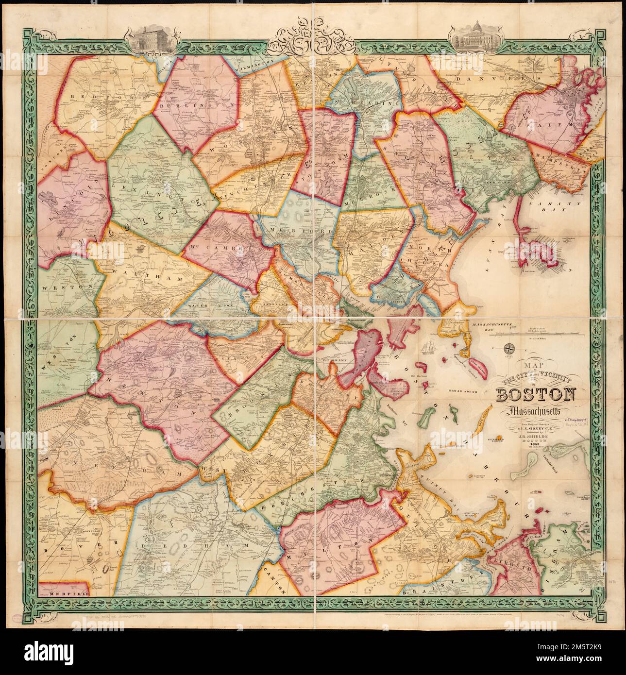Mappa della città e delle vicinanze di Boston, Massachusetts. Rilievo ...