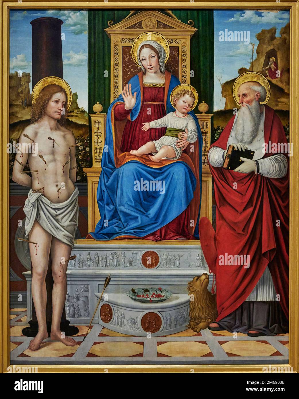 Madonna in trono col Bambino tra S. Sebastiano e S. Girolamo - olio su tavola - pittore lombardo ...