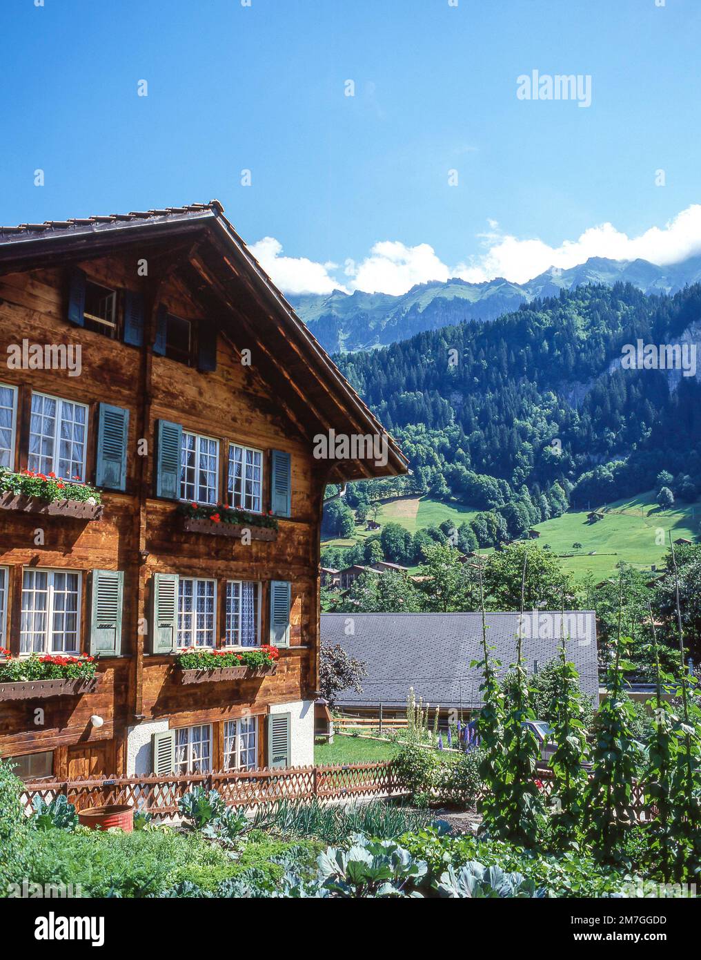 Valle villaggio villaggi chalet svizzero in legno e montagne in somma ...