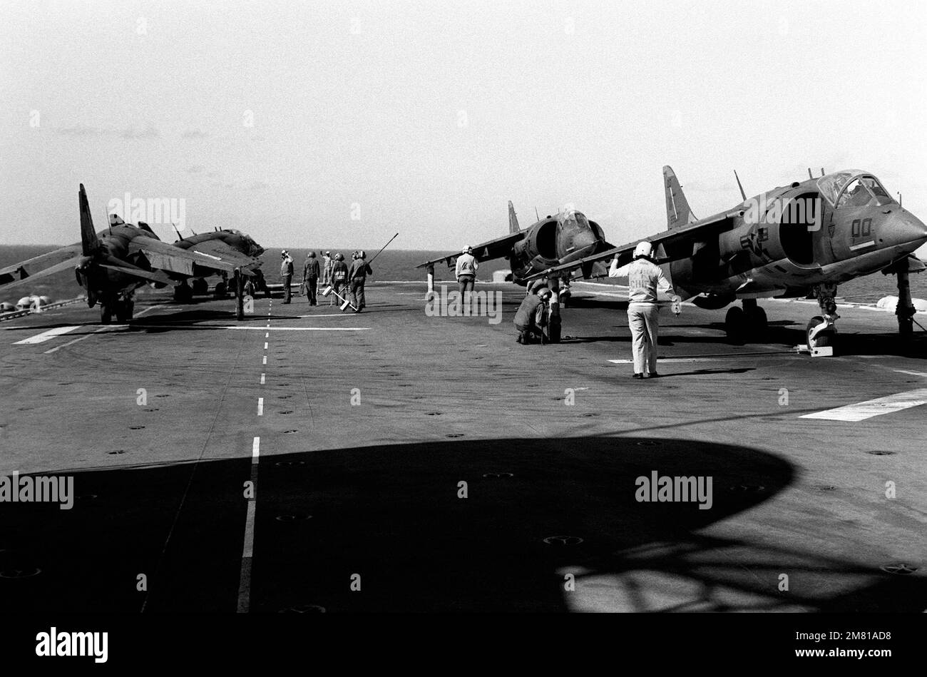 Gli equipanti del ponte di volo si preparano a spostare gli aerei AV-8C ...