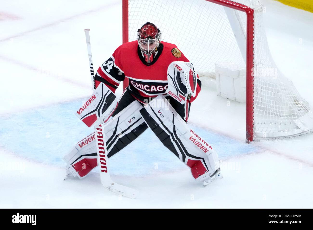 Chicago Blackhawks goaltender Petr Mrazek sets up in the crease during ...