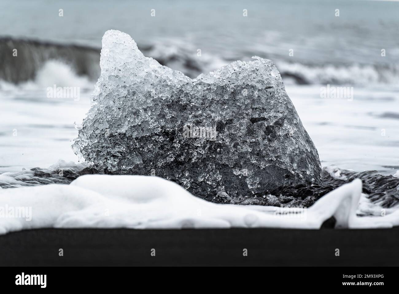 Iceberg sdraiato nel surf sulla spiaggia di sabbia nera di ...