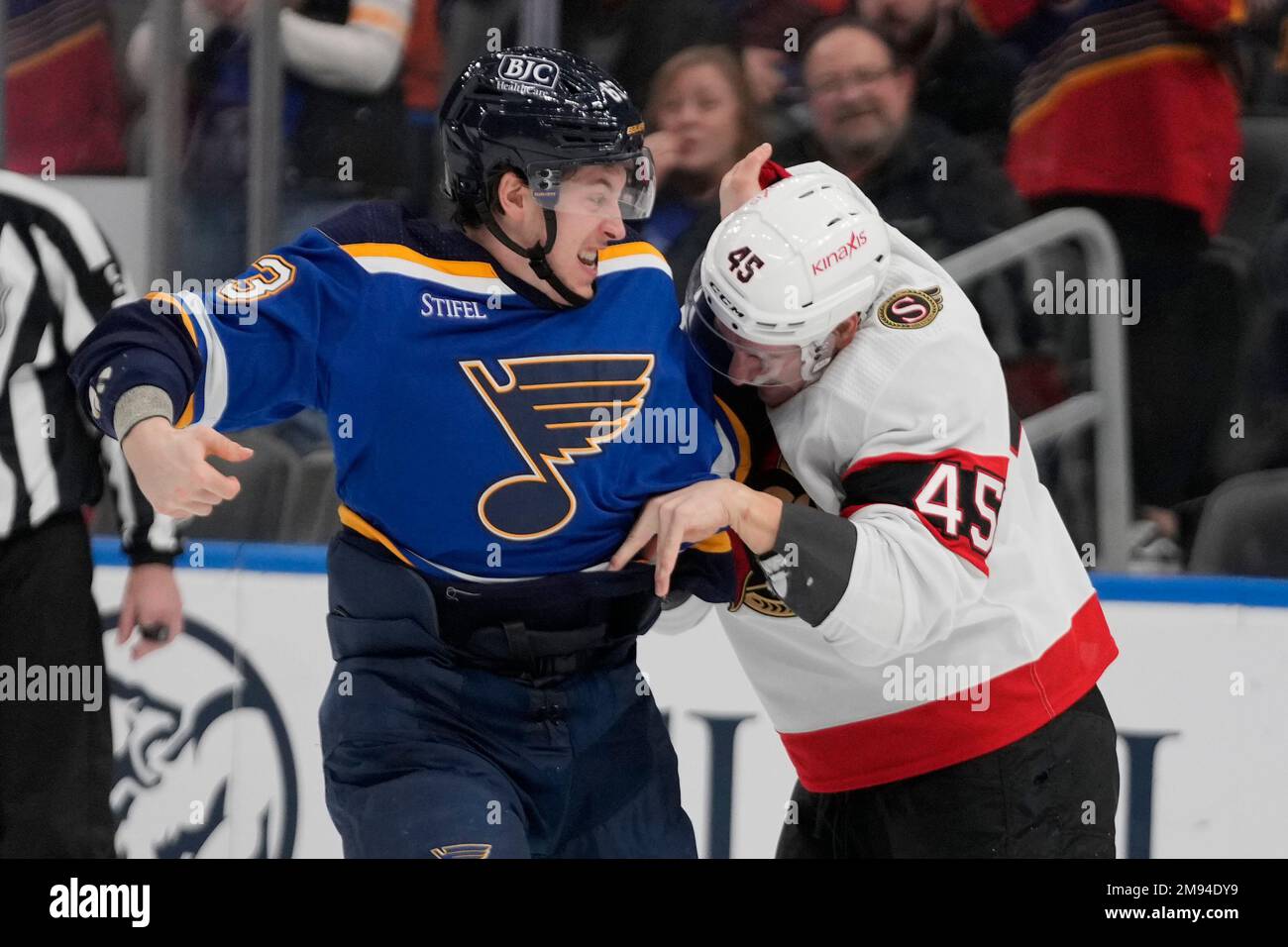 St. Louis Blues' Jake Neighbours and Ottawa Senators' Parker Kelly (45 ...