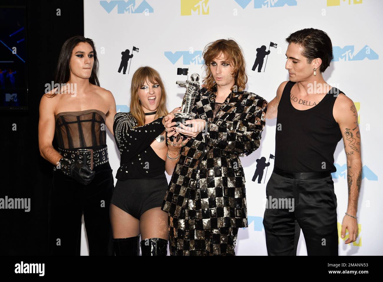 Ethan Torchio, from left, Victoria De Angelis, Thomas Raggi and Damiano David, of Maneskin ...