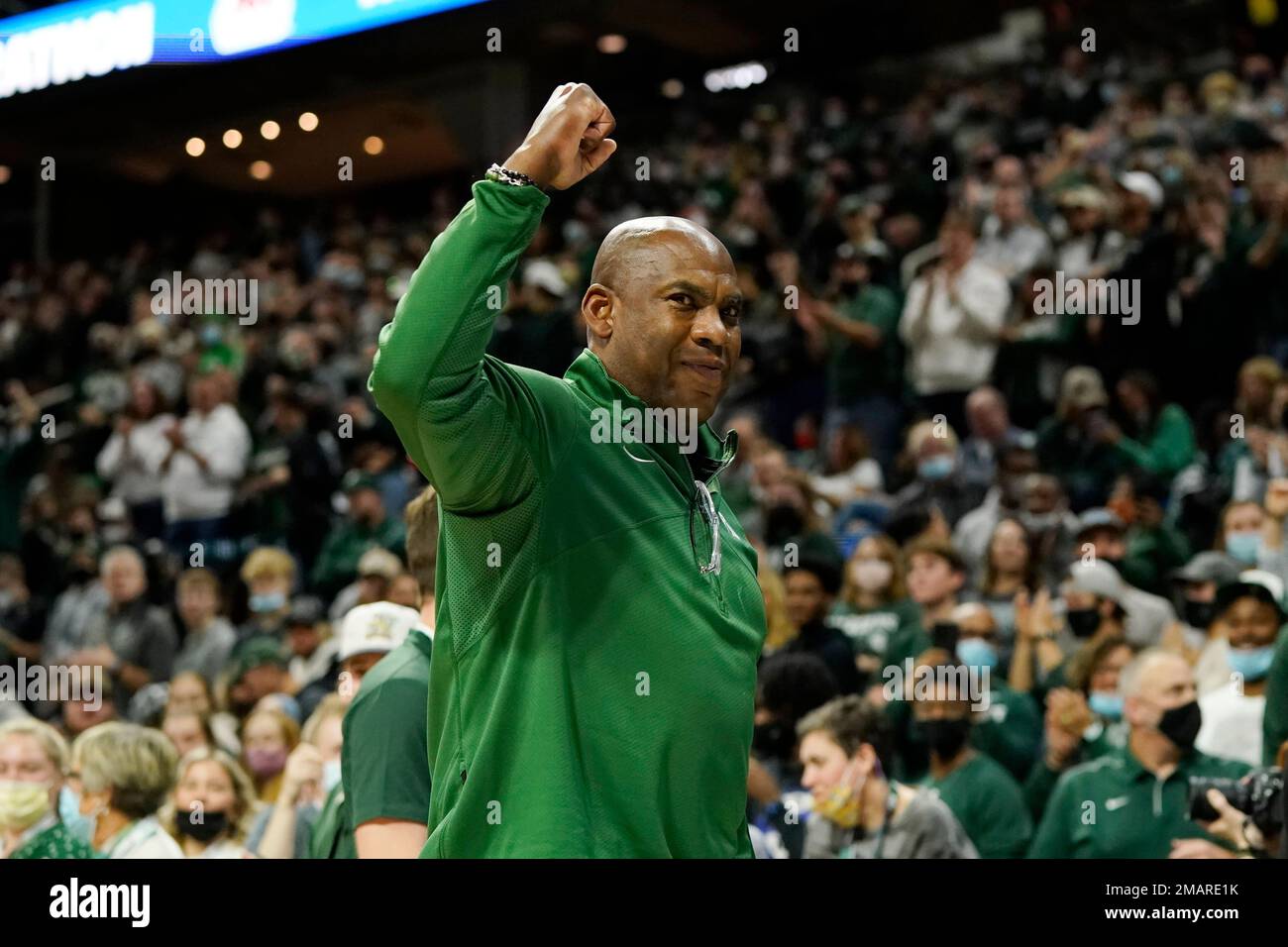 FILE - Michigan State head football coach Mel Tucker acknowledges the ...