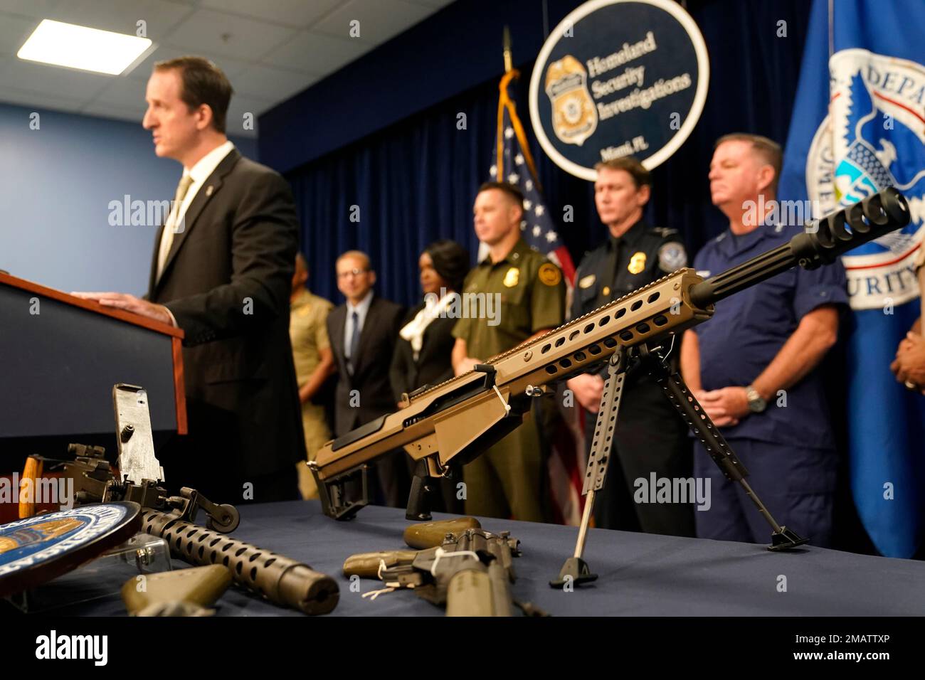 A Barrett 50 caliber sniper rifle is displayed during a news conference ...
