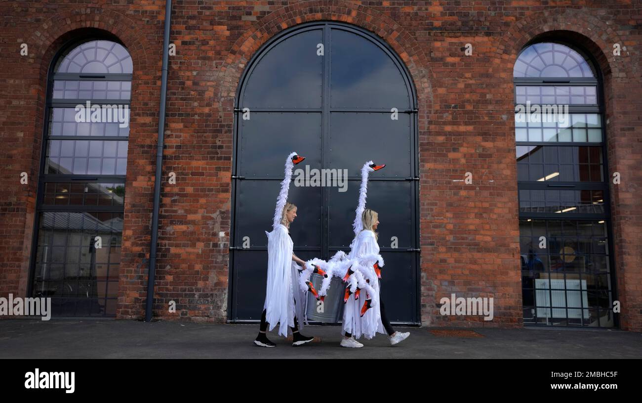 In swan outfits Courteney Gaskin and Katie Jones carry swan costumes ...