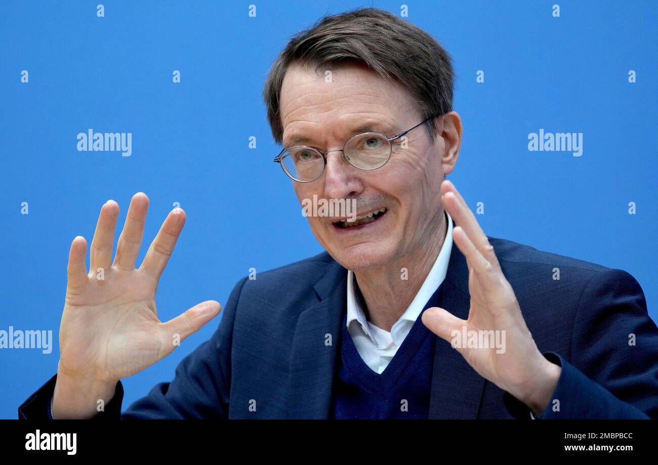 FILE -- German Health Minister Karl Lauterbach speaks during a press ...