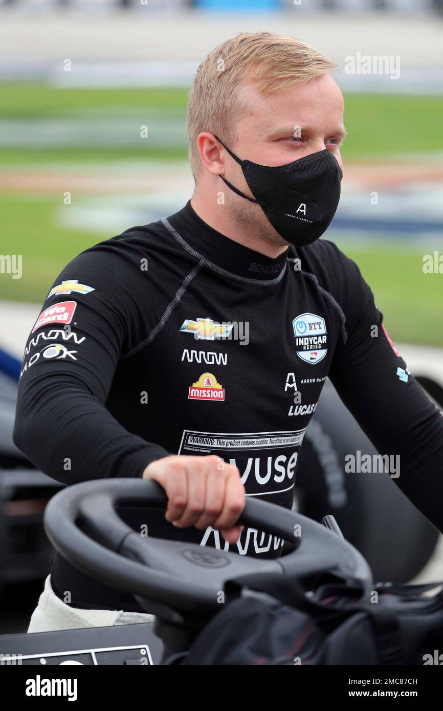 FILE - Felix Rosenqvist waits on the grid before an IndyCar Series race ...