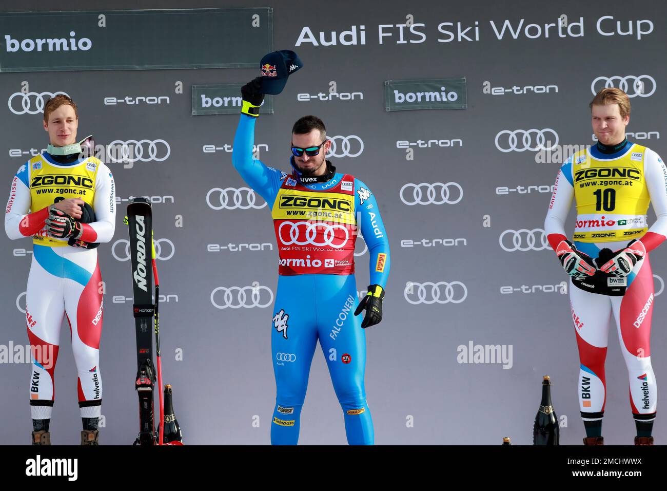 Italy's Dominik Paris, center, winner of an alpine ski, men's World Cup ...