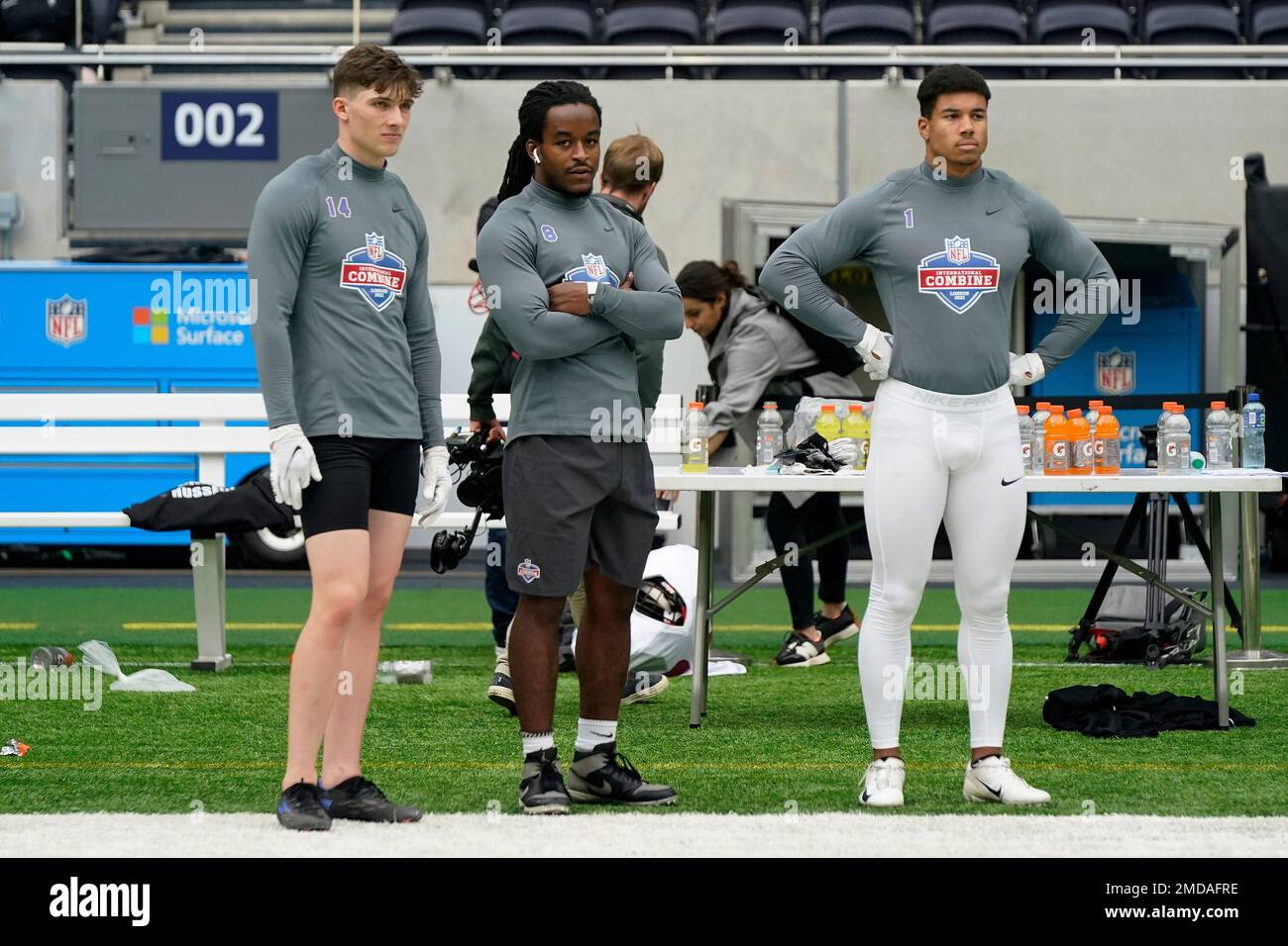 From left, Potsdam Royals defensive back Maceo Beard, of France, Allgau ...