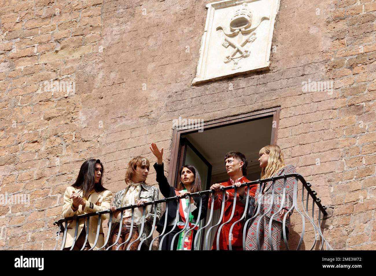 Rome Mayor Virginia Raggi, center, points to the view as she stands on ...