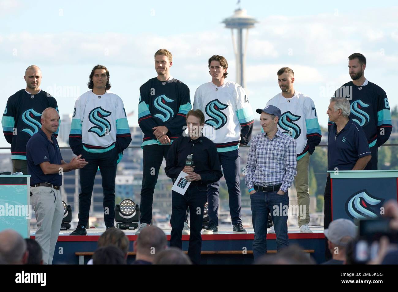 New Seattle Kraken NHL hockey players, back row from left, Mark ...